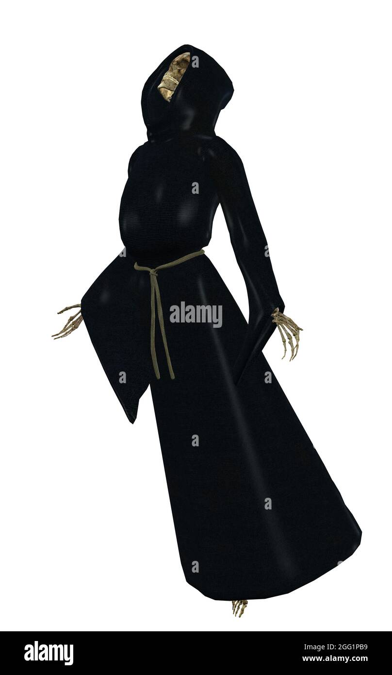 Digitally rendered skeleton in black hooded robe, dark reaper, 3d ...