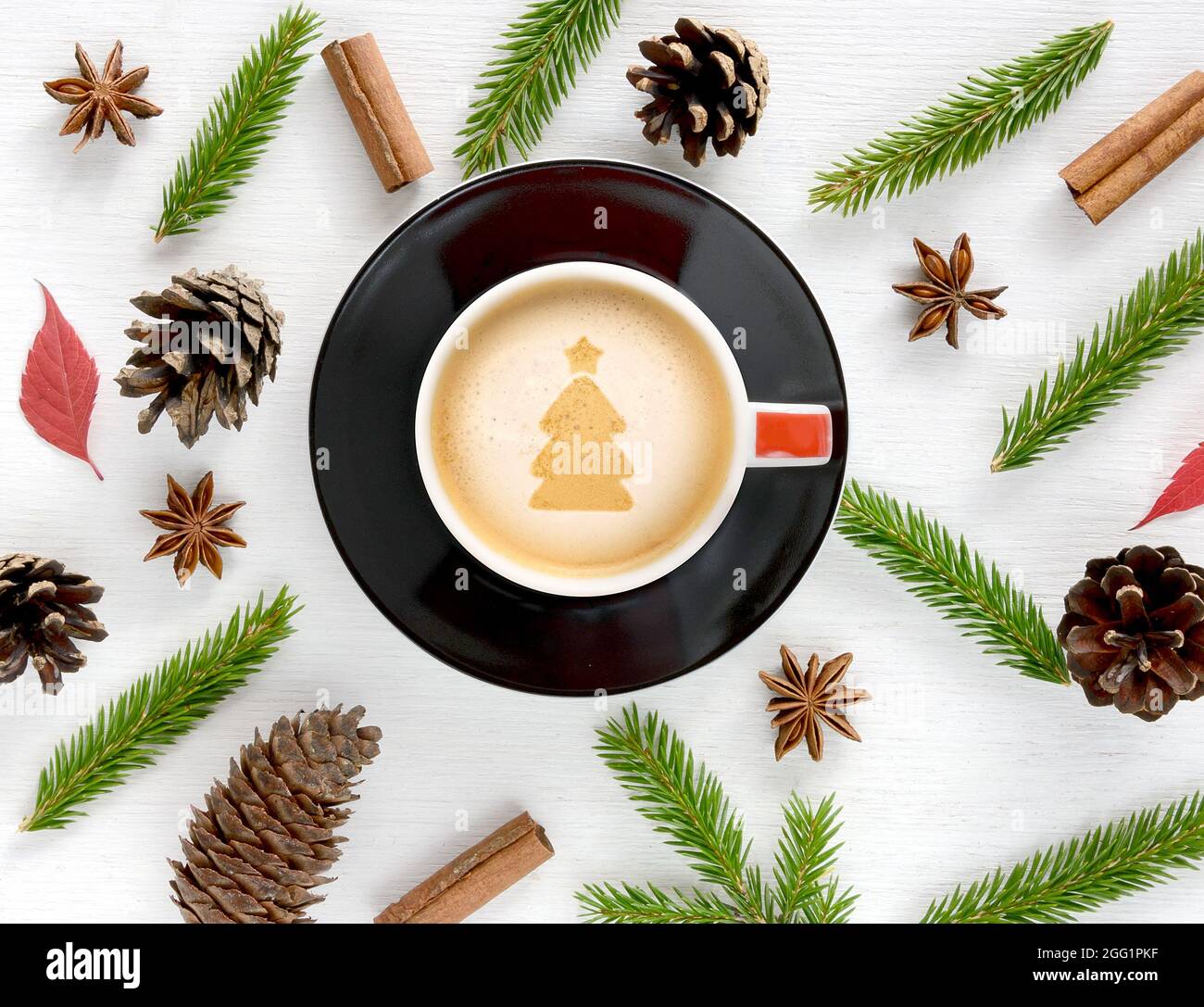 Coffee cup with christmas decorations background Stock Photo - Alamy
