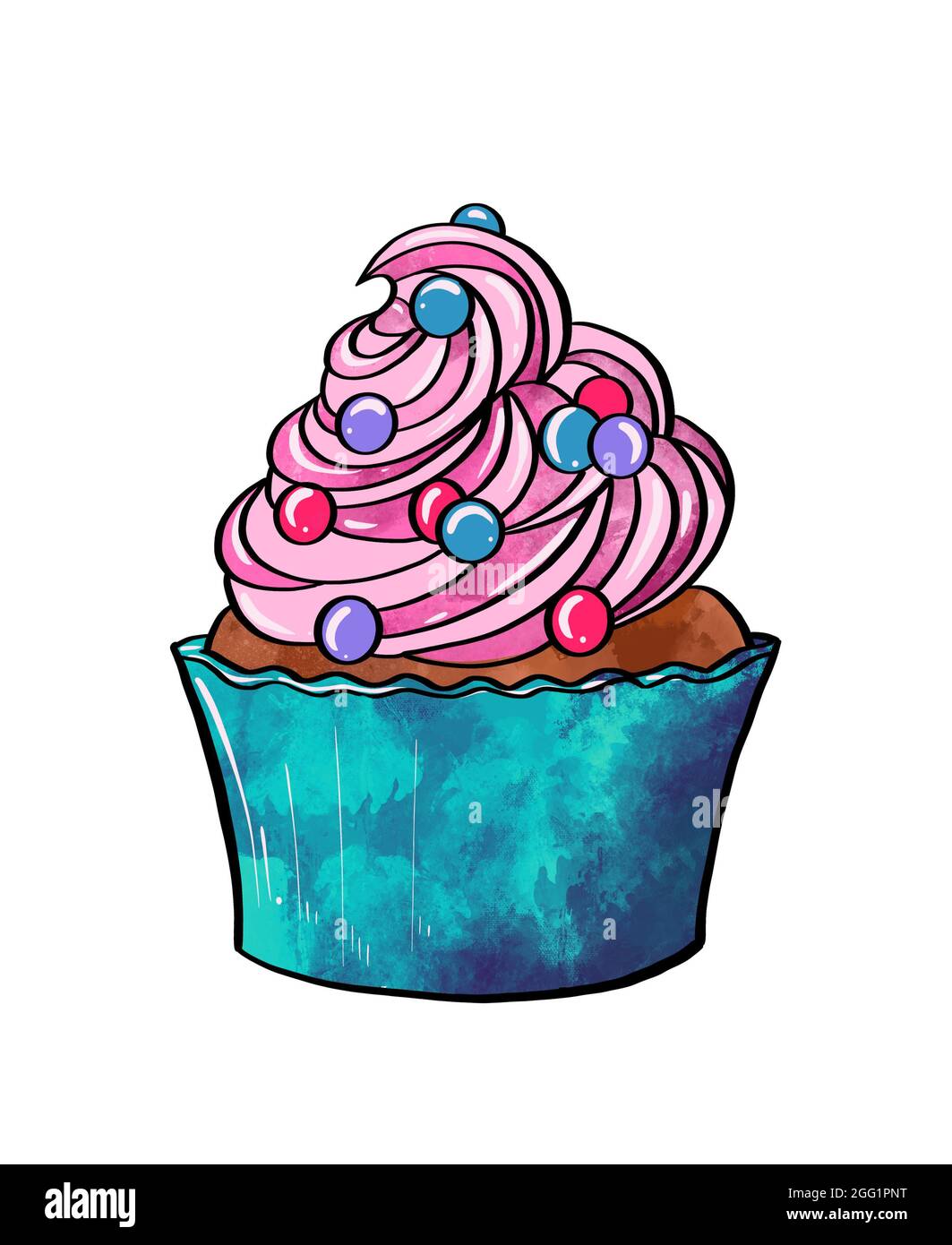 Illustration of a colored drawing of sweets: brown cupcake with pink ...