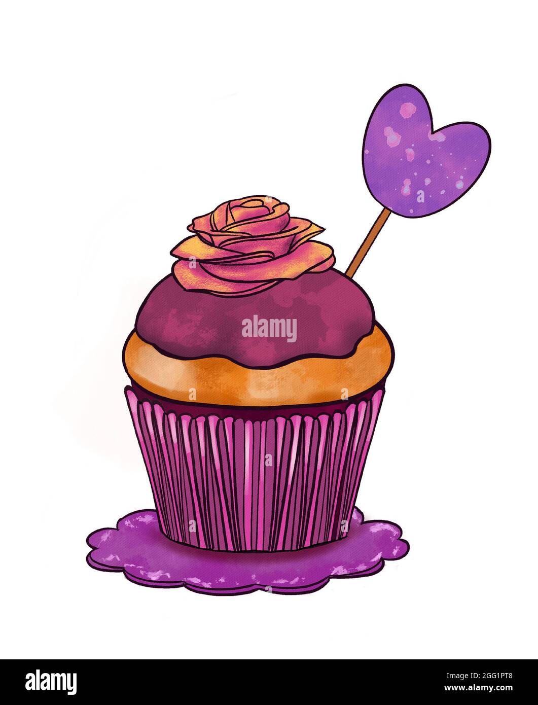 Illustration of a colored drawing of sweets: purple cupcake with cream ...