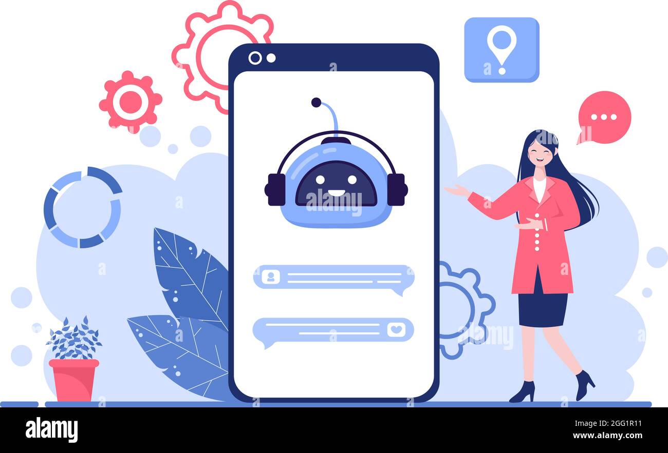Robot Virtual Assistance or Chatbot Background Vector illustration. People smartphone ...