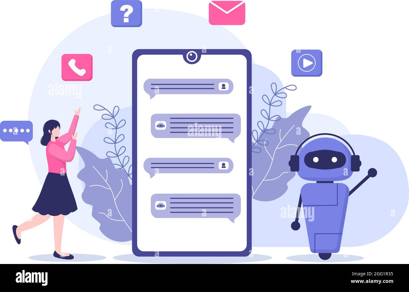 Robot Virtual Assistance or Chatbot Background Vector illustration. People smartphone ...