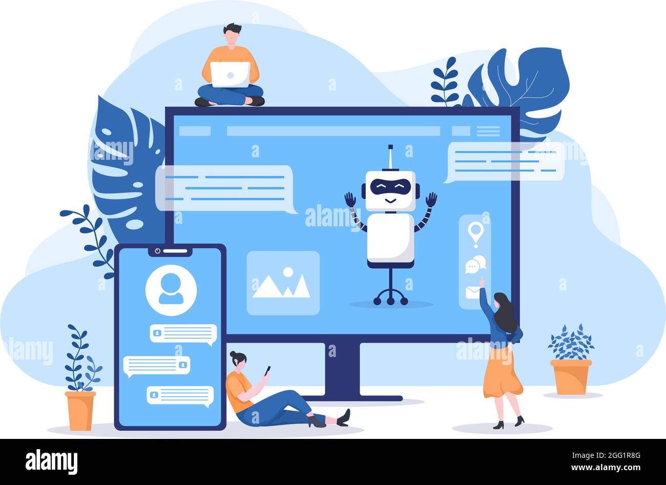 Robot Virtual Assistance or Chatbot Background Vector illustration. People smartphone ...
