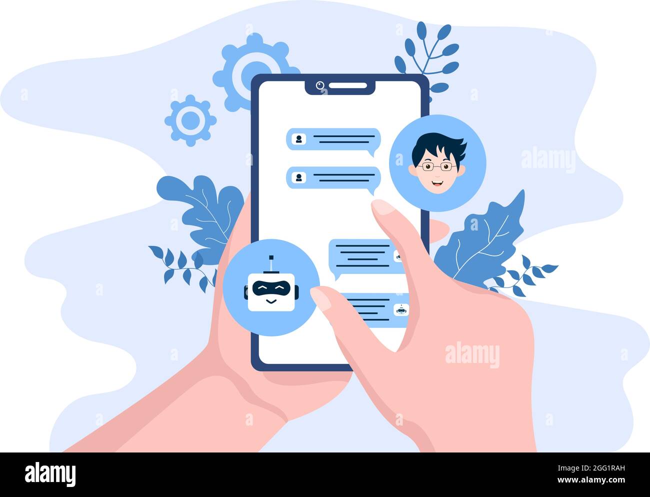 Robot Virtual Assistance or Chatbot Background Vector illustration. People smartphone ...