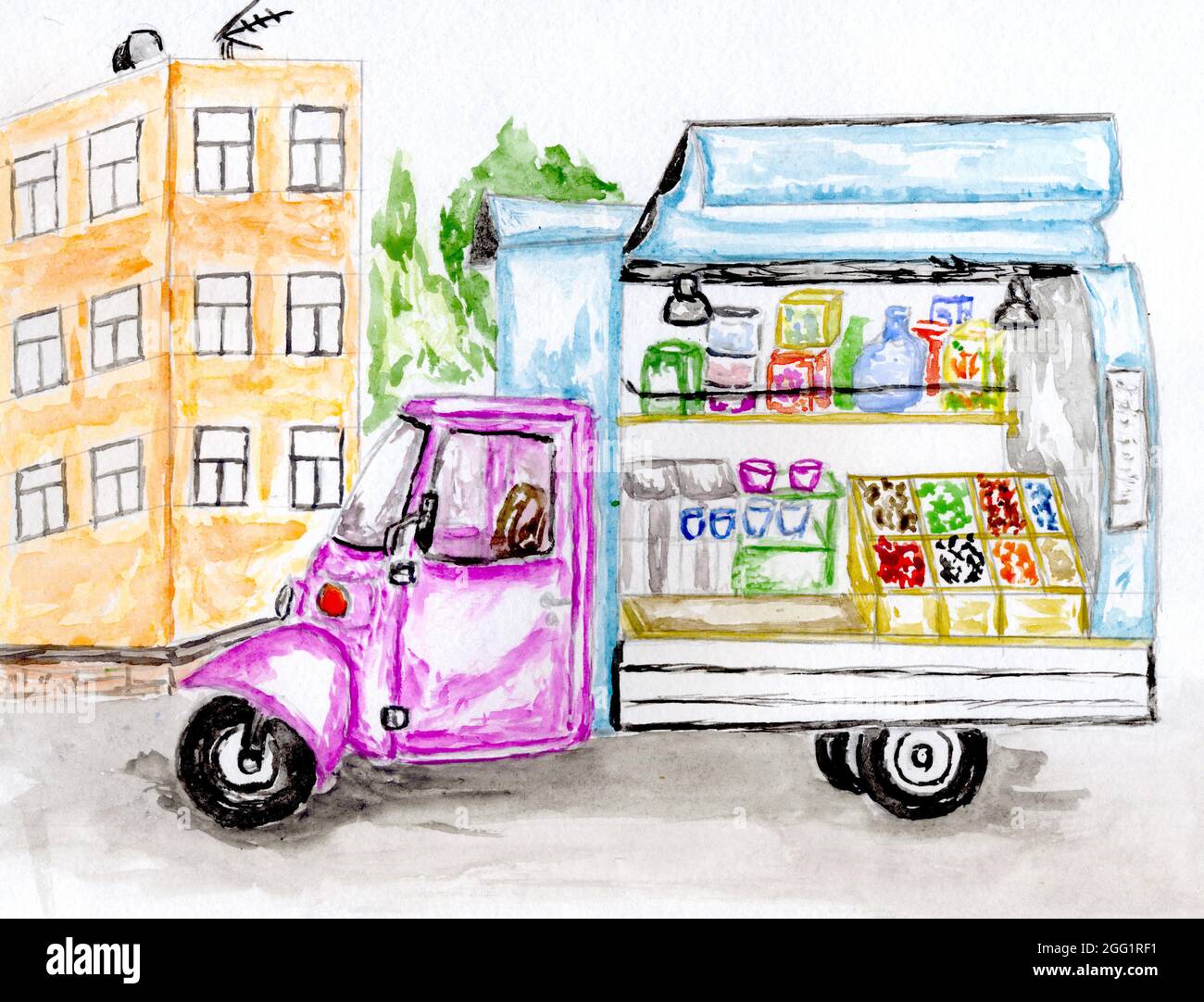 Food track, cafe on wheels, kiosk hand drawn illustration Stock Photo ...