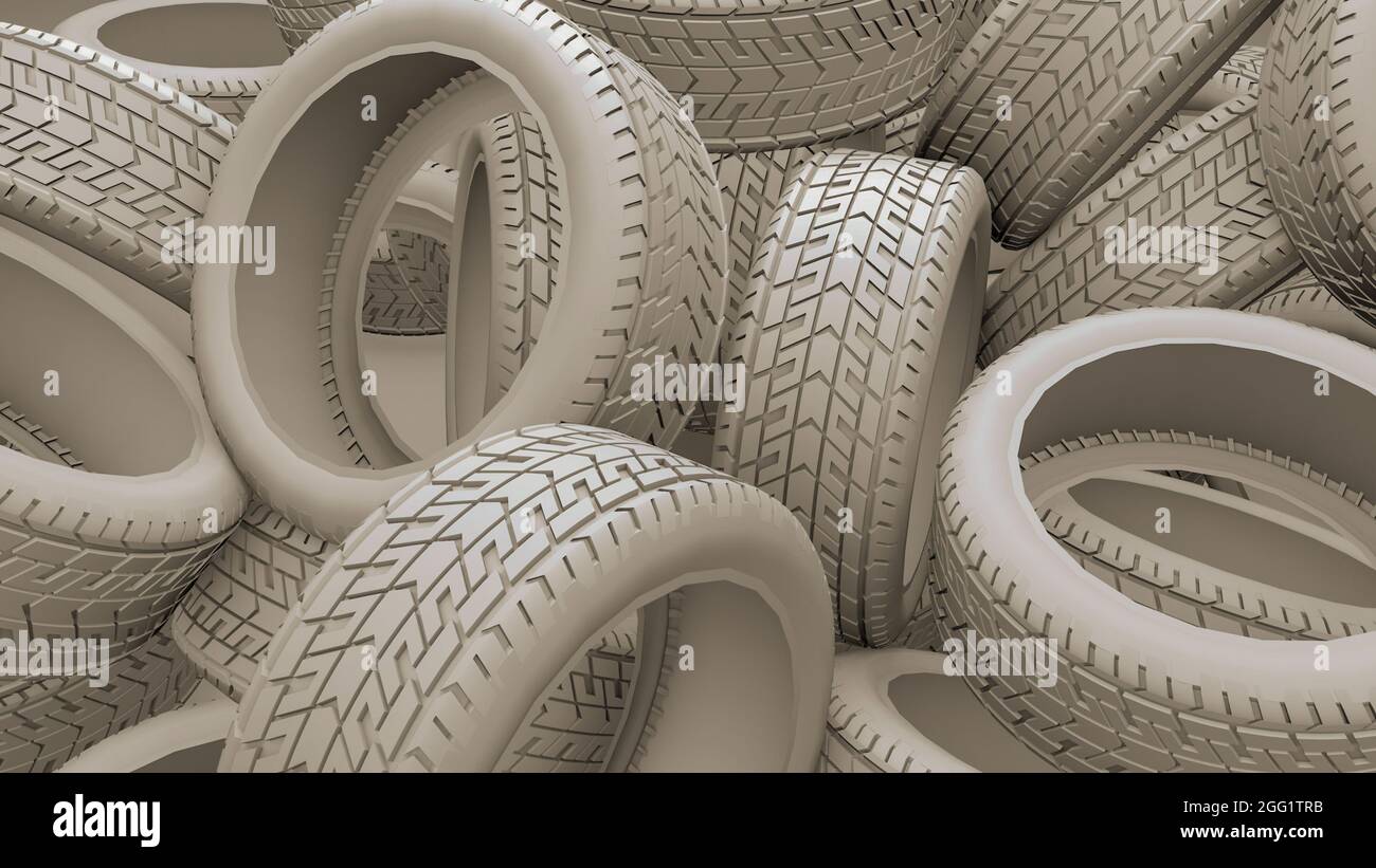 Tyres bulk background. Clay render tires piles on a garage or store. 3D ...
