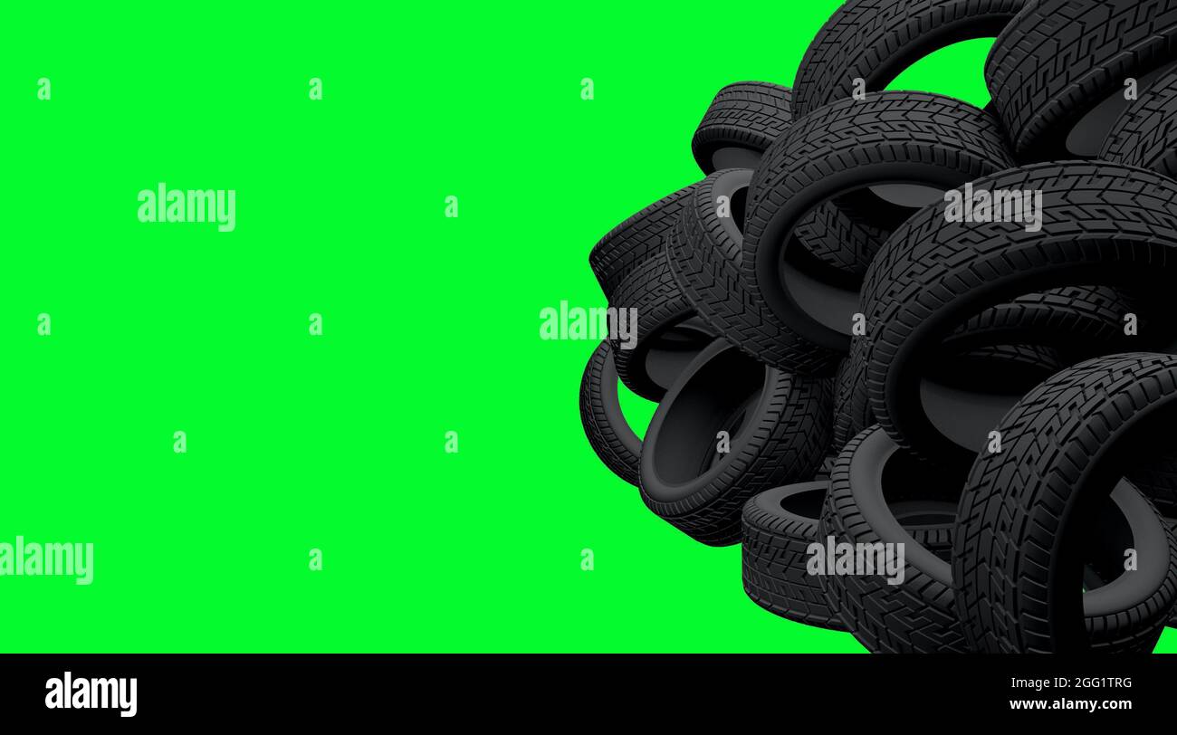 Tyres bulk on greenscreen isolated background. Black tires piles on a ...
