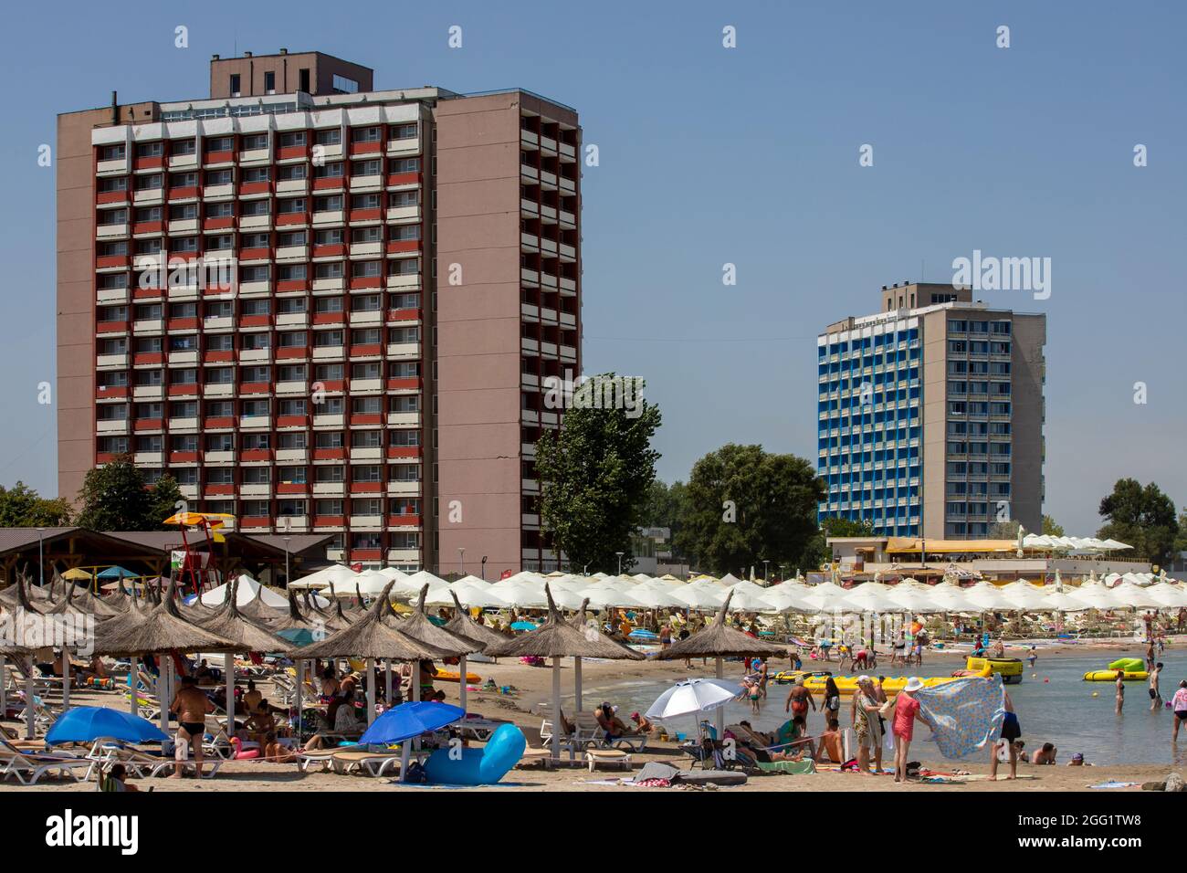 SATUR, ROMANIA - Aug 02, 2021: The tourists in the Black Sea and on the ...