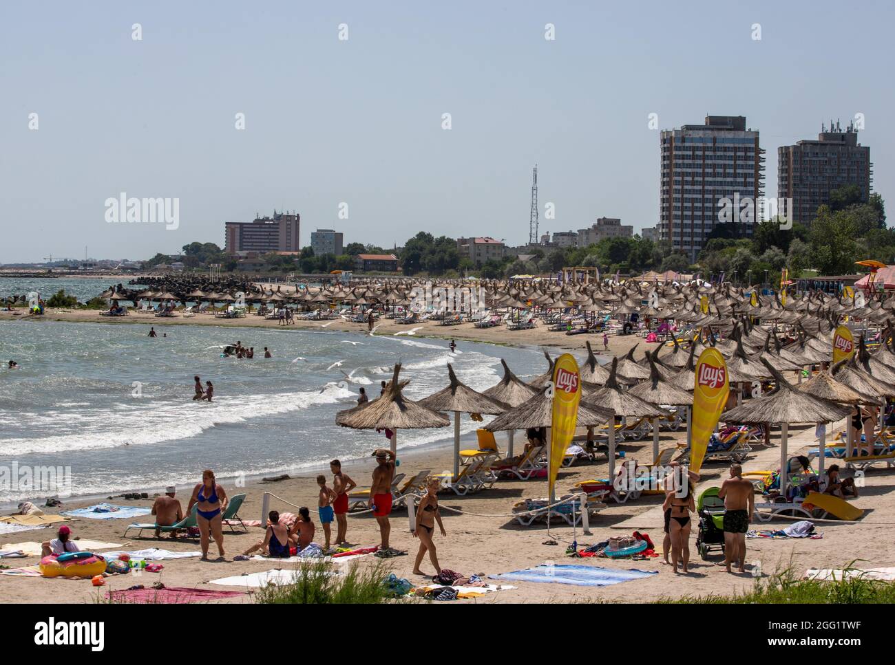 SATUR, ROMANIA - Aug 02, 2021: The tourists in the Black Sea and on the ...