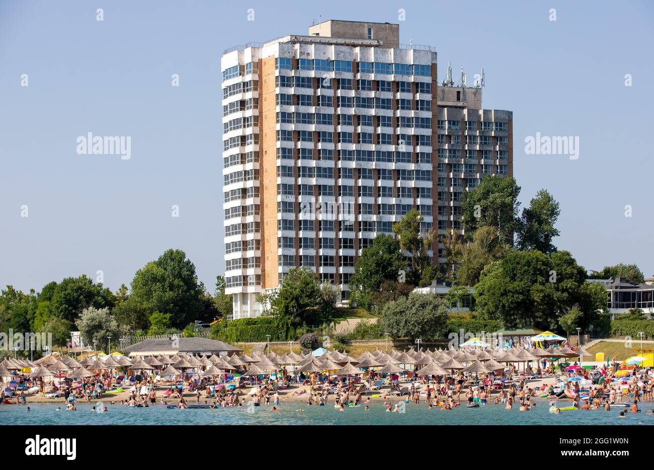 SATUR, ROMANIA - Aug 02, 2021: The tourists in the Black Sea and on the ...