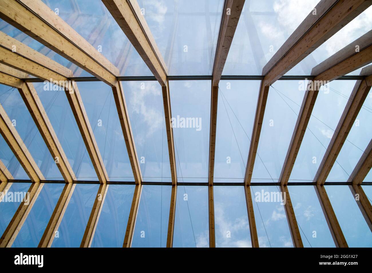 Modern cover made of laminated beams and glass plates Stock Photo - Alamy