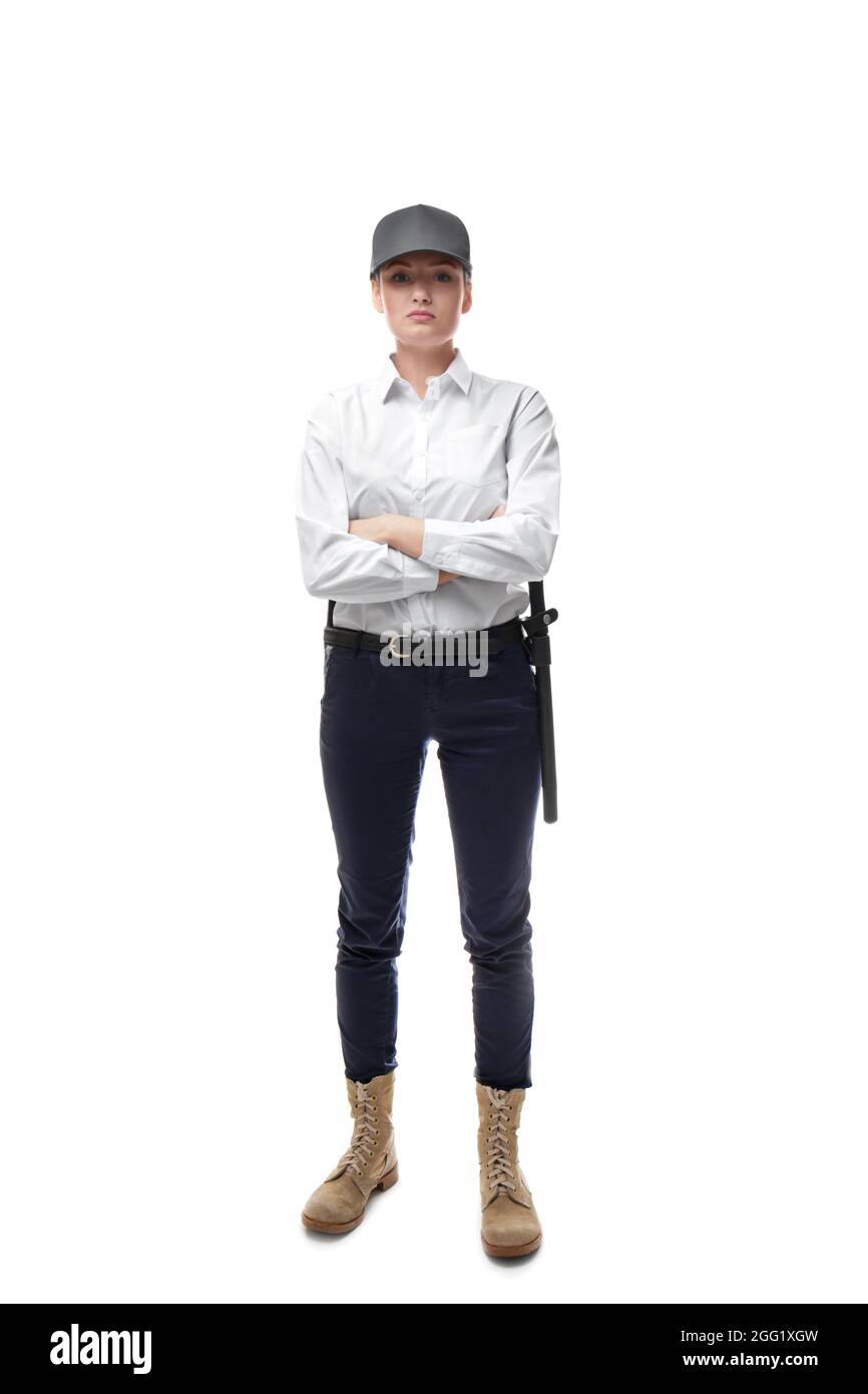 Female security guard on white background Stock Photo - Alamy