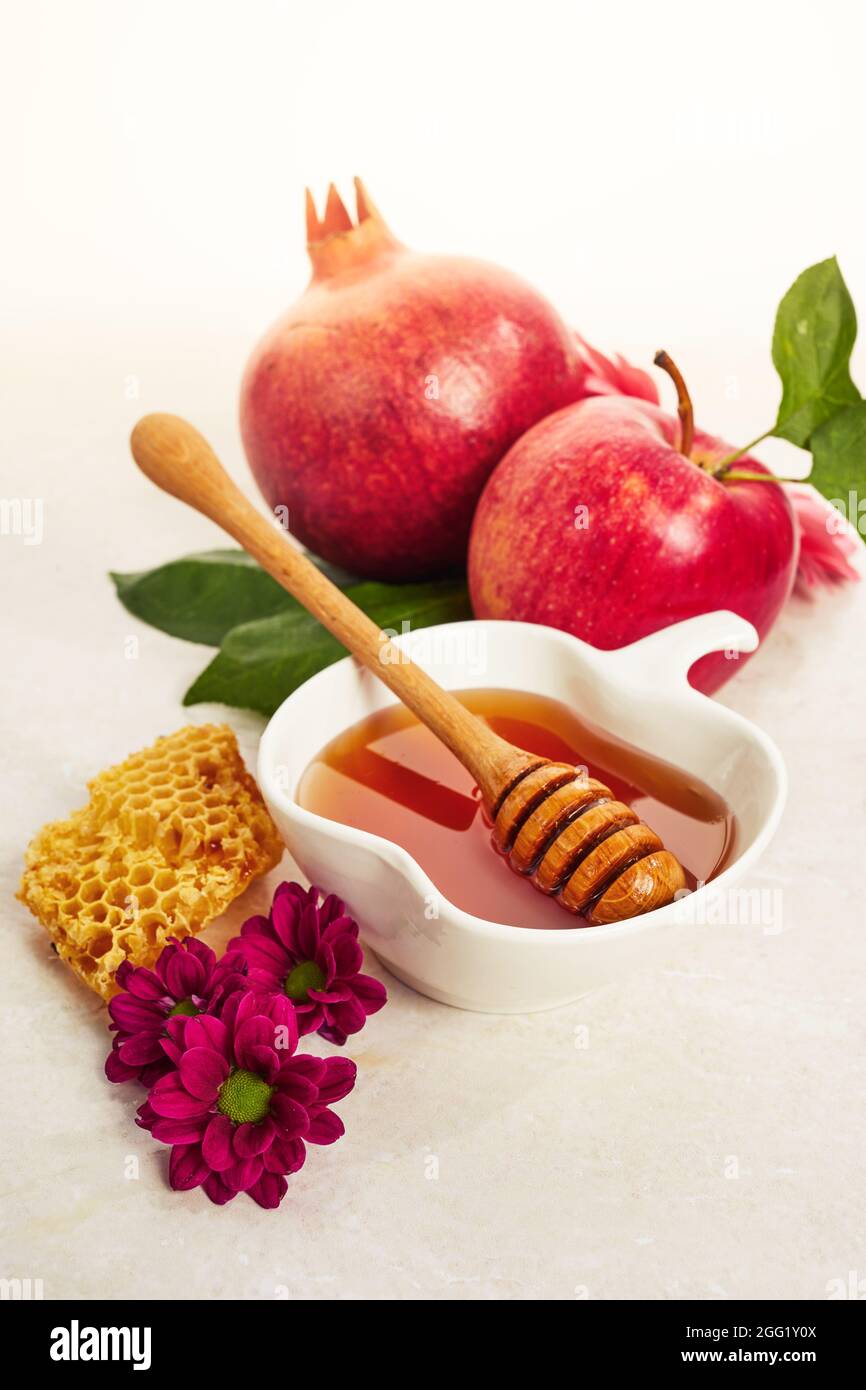 Rosh hashanah, jewish New Year holiday. Concept of traditional or religion symbols on travertine ...