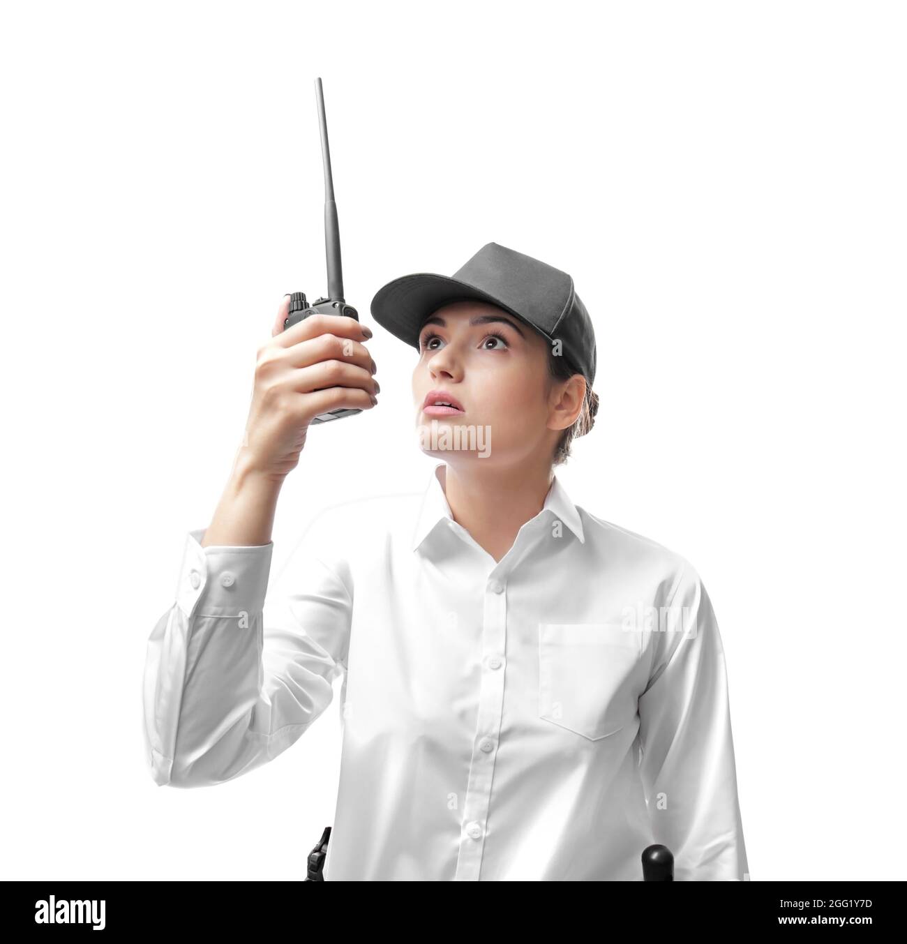 Female security guard on white background Stock Photo - Alamy