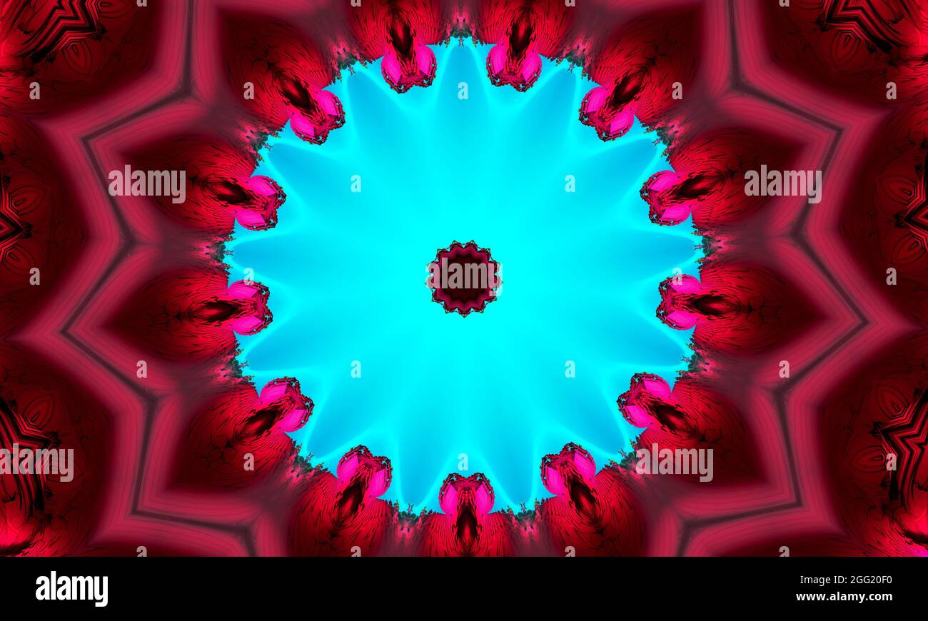Cyan Mandala Concentric Flower on bloody red background. Kaleidoscope ...