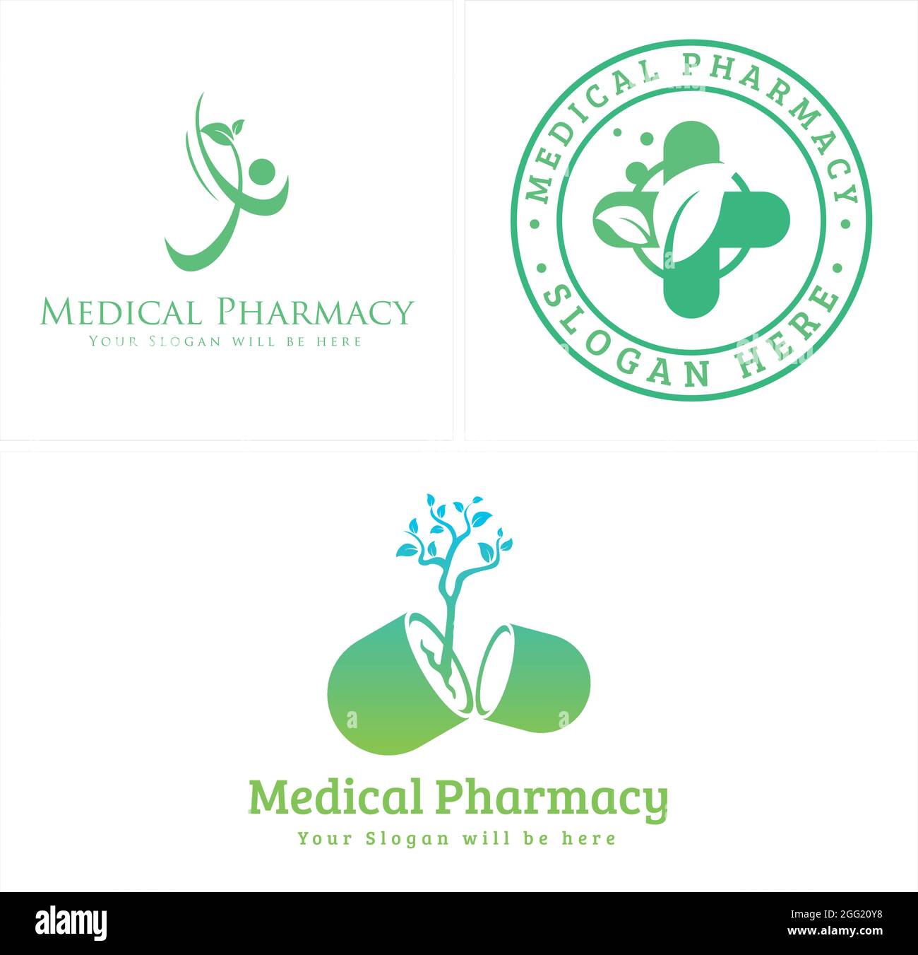 Medical pharmaceutical logo with green people leaf and medicine vector ...