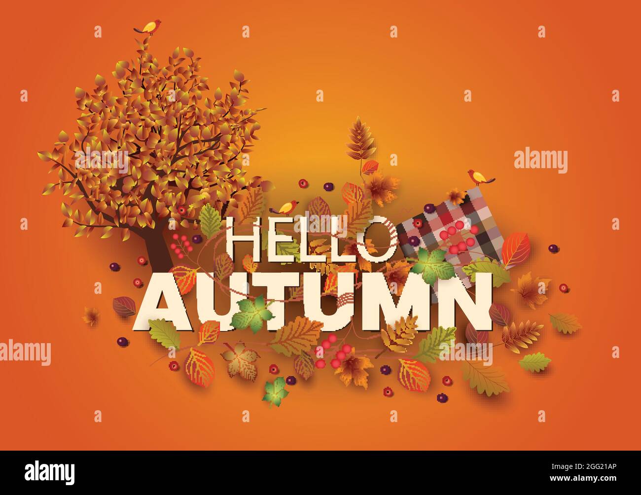 hello Autumn stylish background decorate with leaves and fruits. web ...