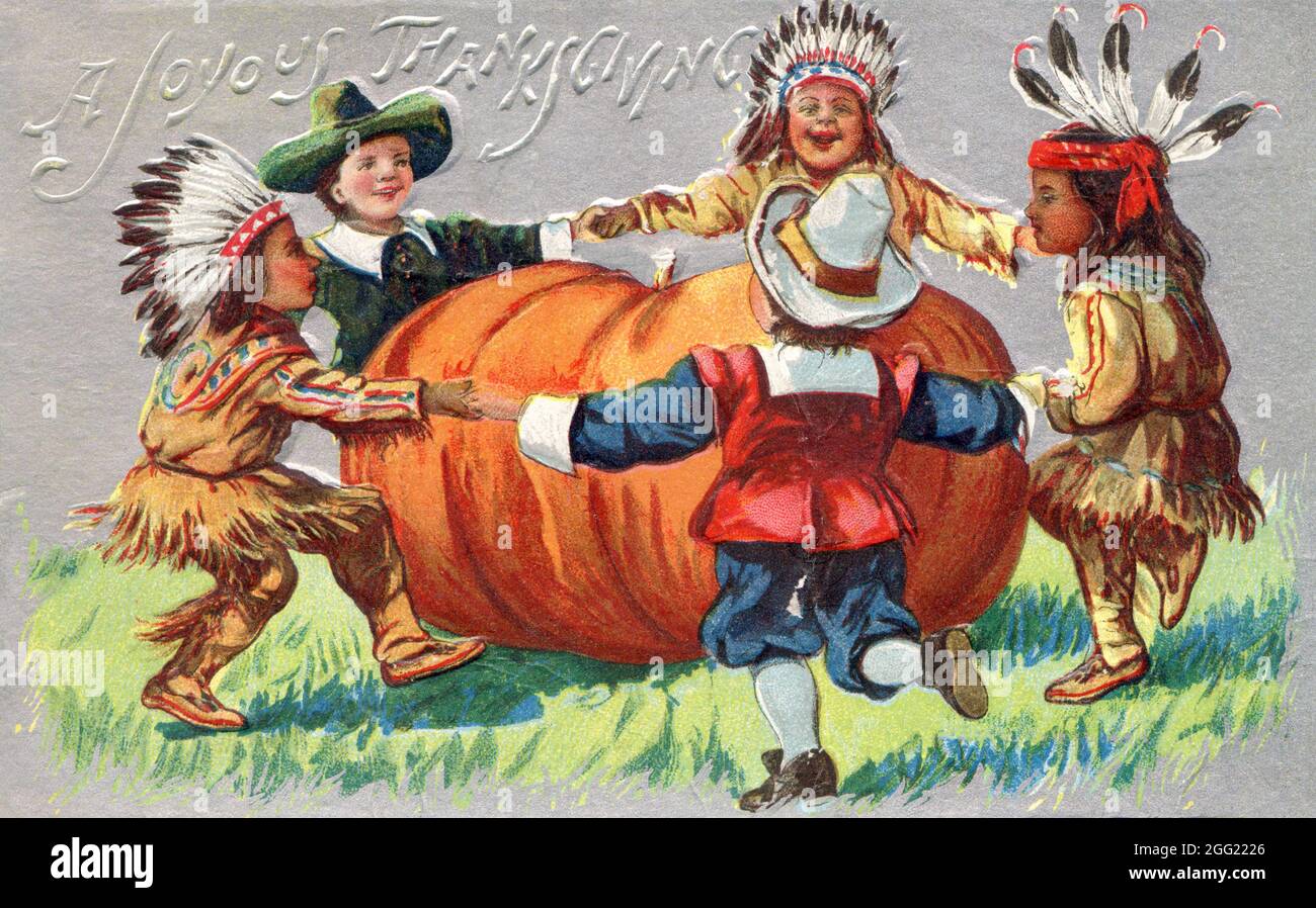 Illustration of Native and Pilgrim kids dancing together around a ...