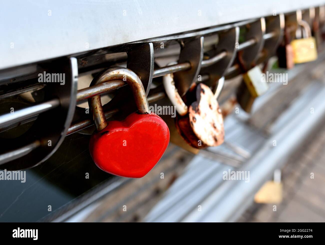 Padlock on Lovers Lock Bridge. Husband and wife during the wedding hung ...