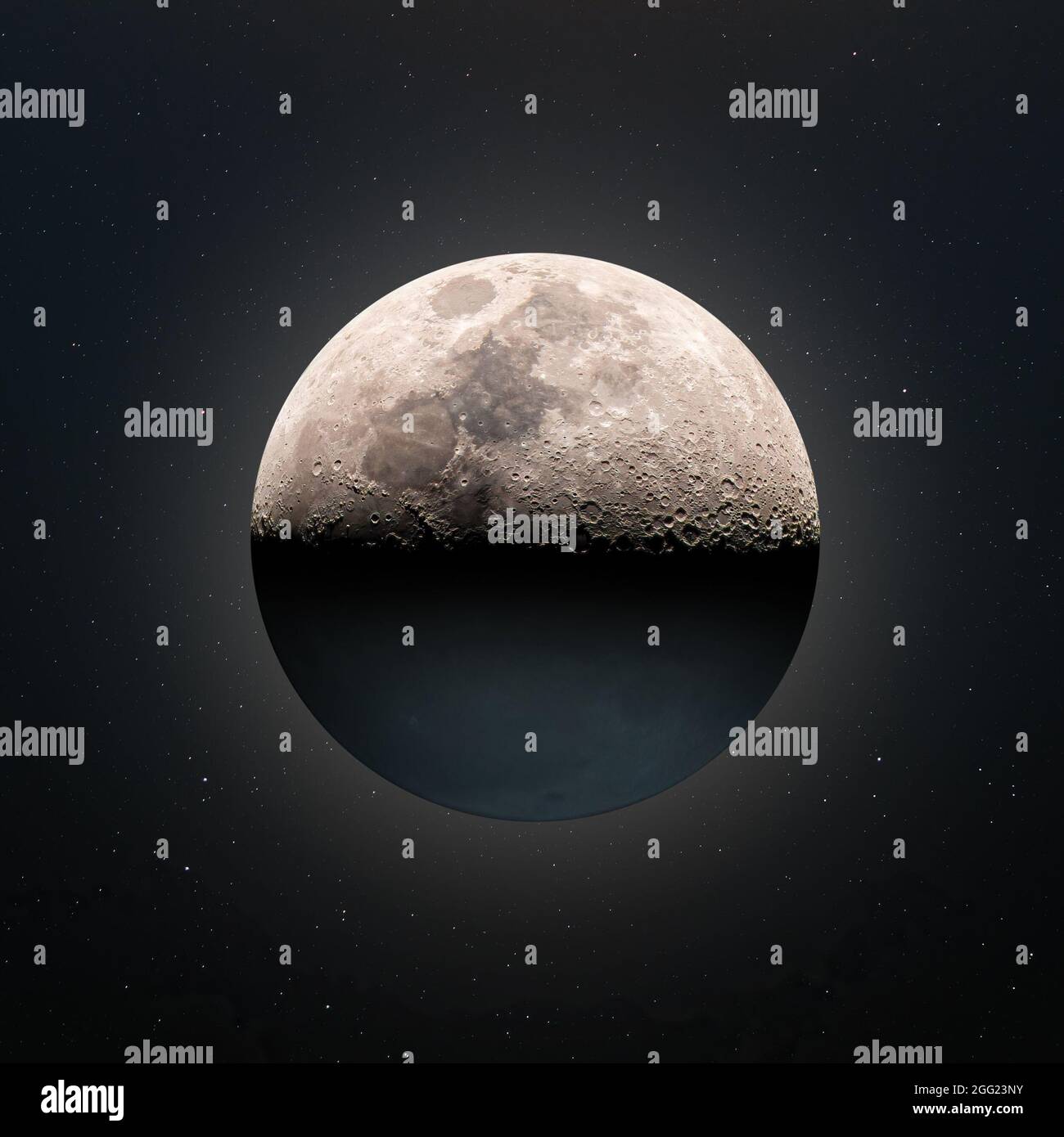 Close-up of moon in first quarter phase with detailed craters on the ...