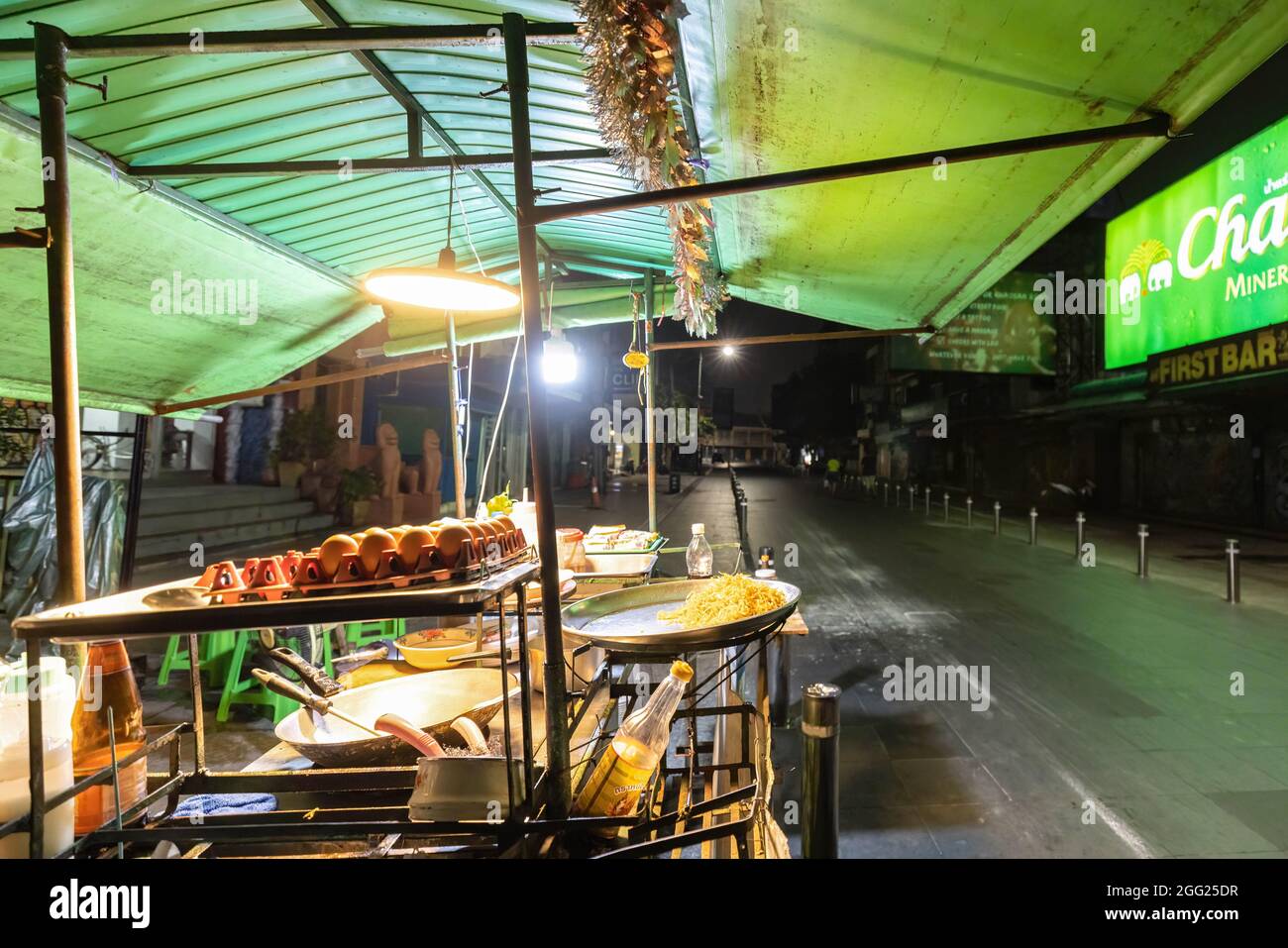 An open food stand with no customers at Khao San Road, during lockdown ...