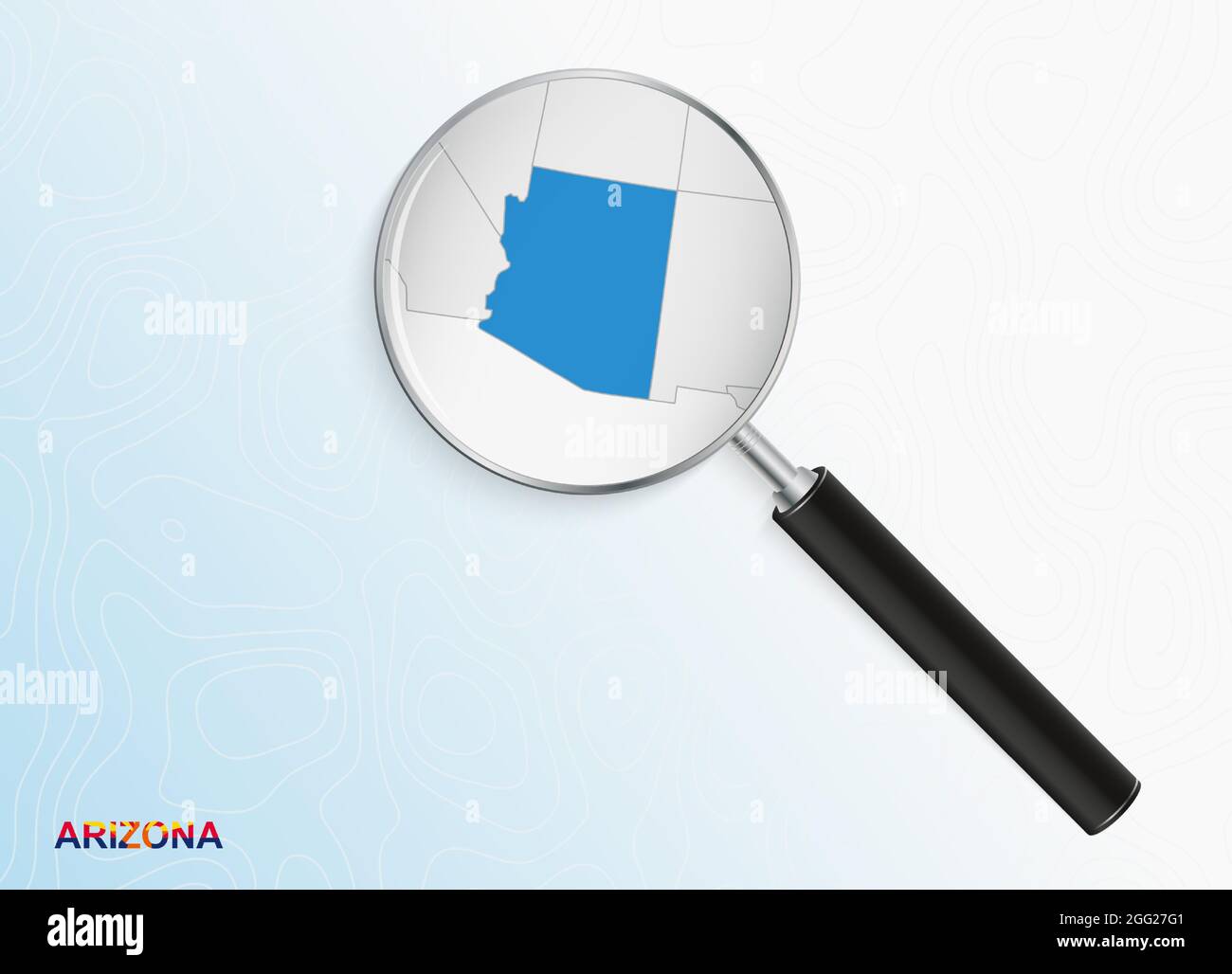 Magnifier with map of Arizona on abstract topographic background ...