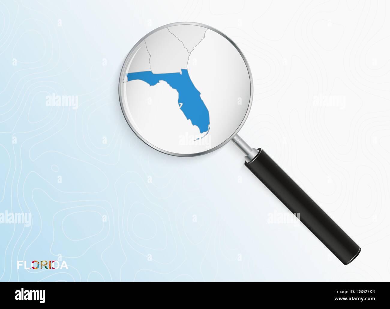 Magnifier with map of Florida on abstract topographic background ...