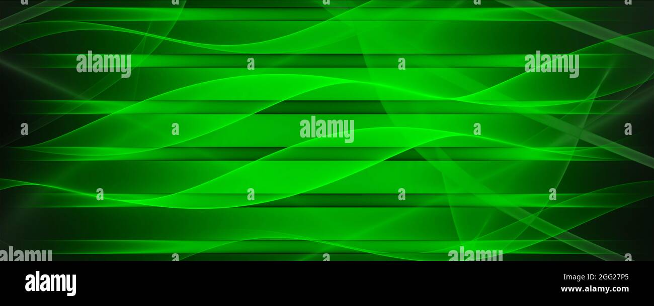 Abstract background 4k green light dark black waves and lines banner ...