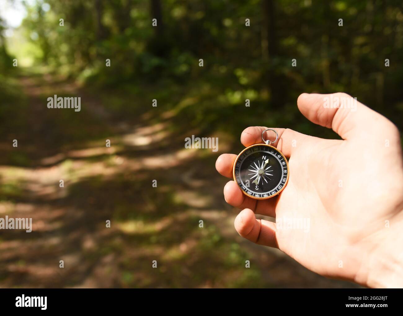 Compass In Hand At Forest Tourist Compass For Orientation On The