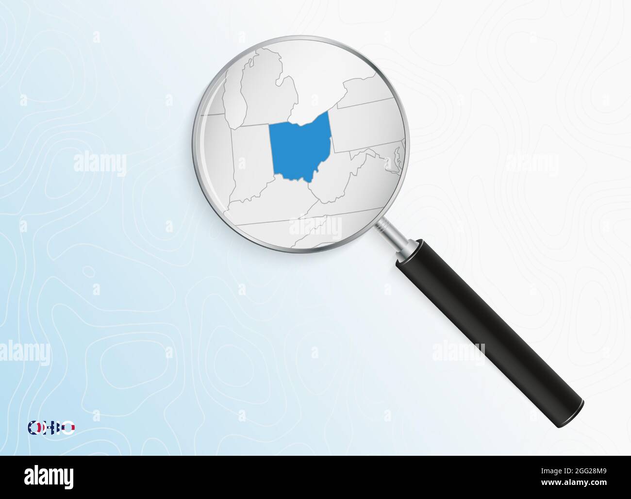 Magnifier with map of Ohio on abstract topographic background. Vector ...