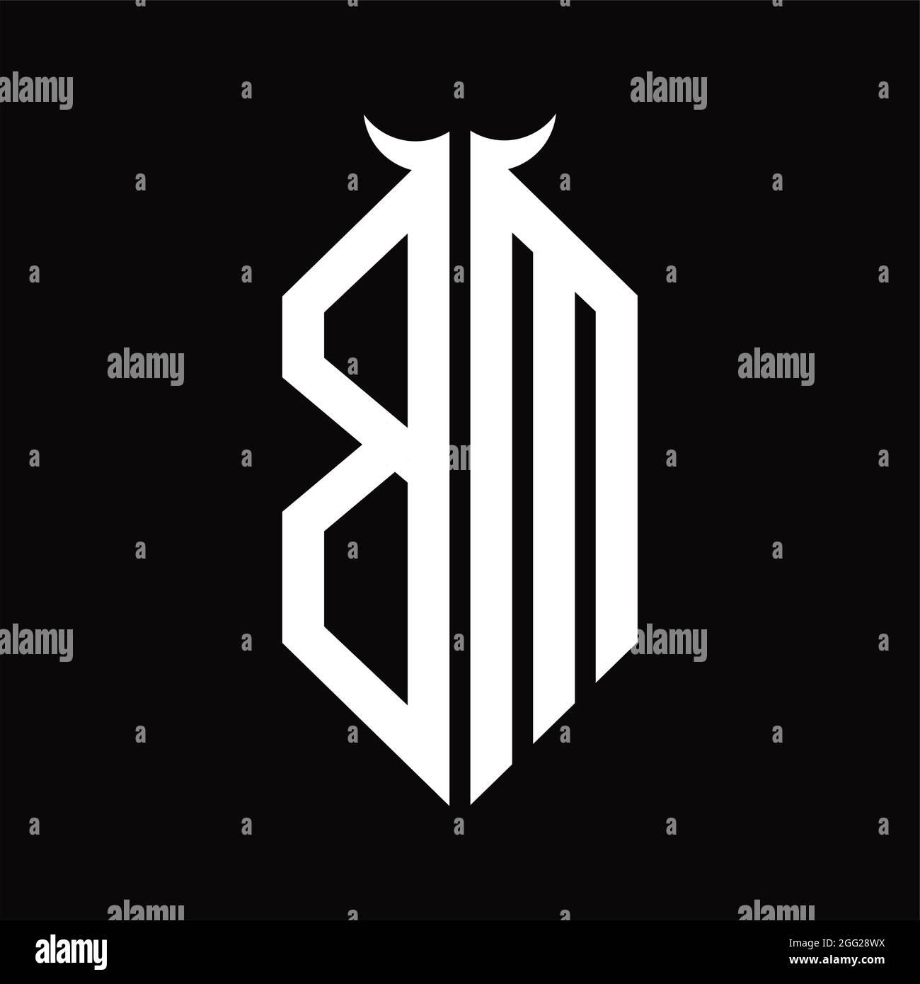 BM Logo monogram with horn shape isolated black and white design template on black background ...