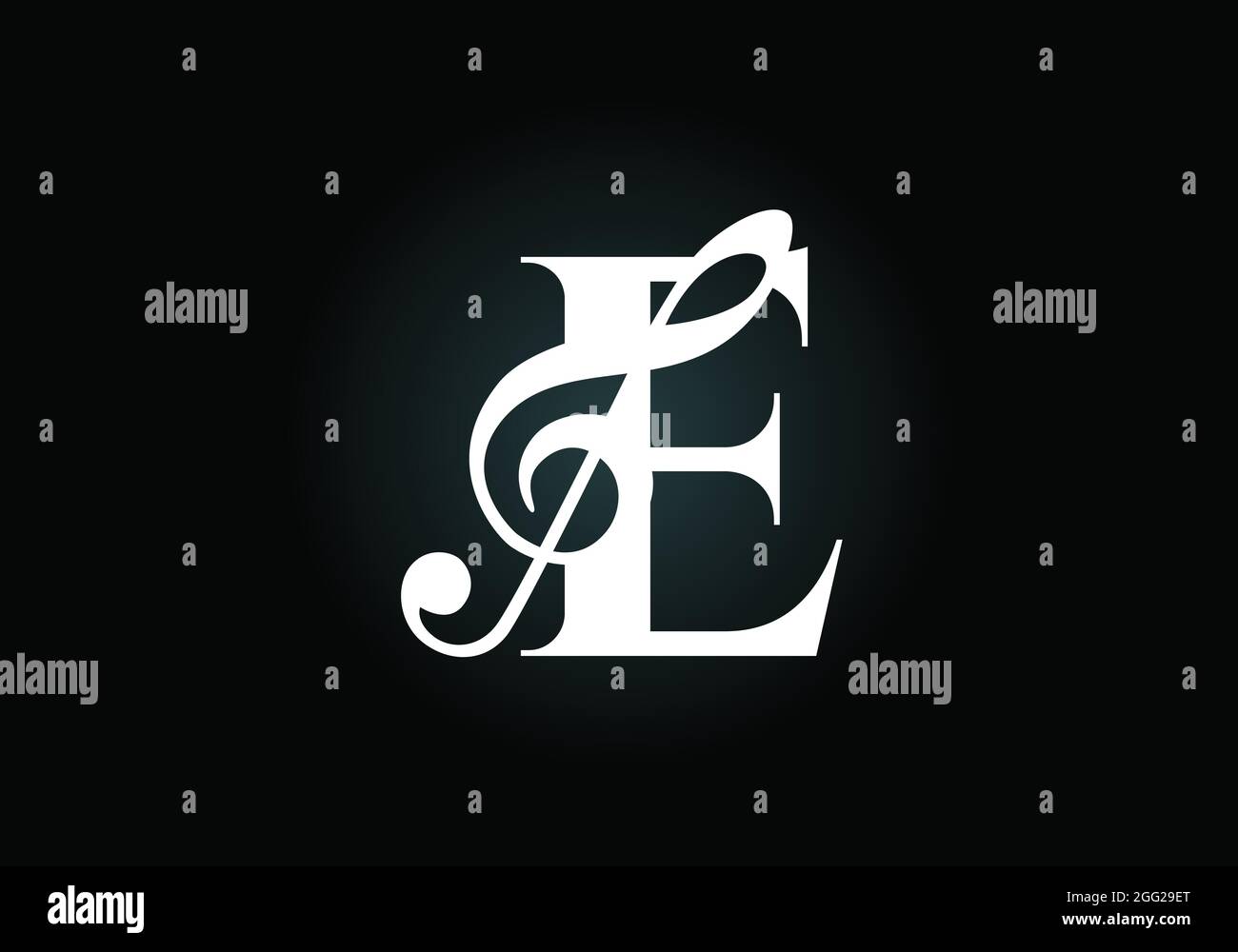 Initial E monogram alphabet with a musical note. Symphony or melody ...