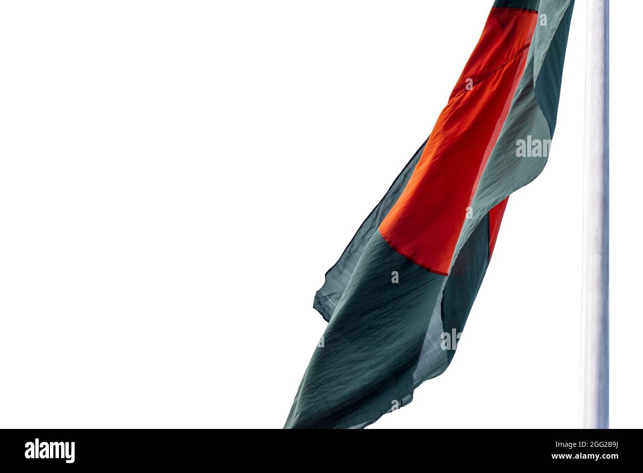 Cropped view of flying bangladesh national flag on isolated white ...