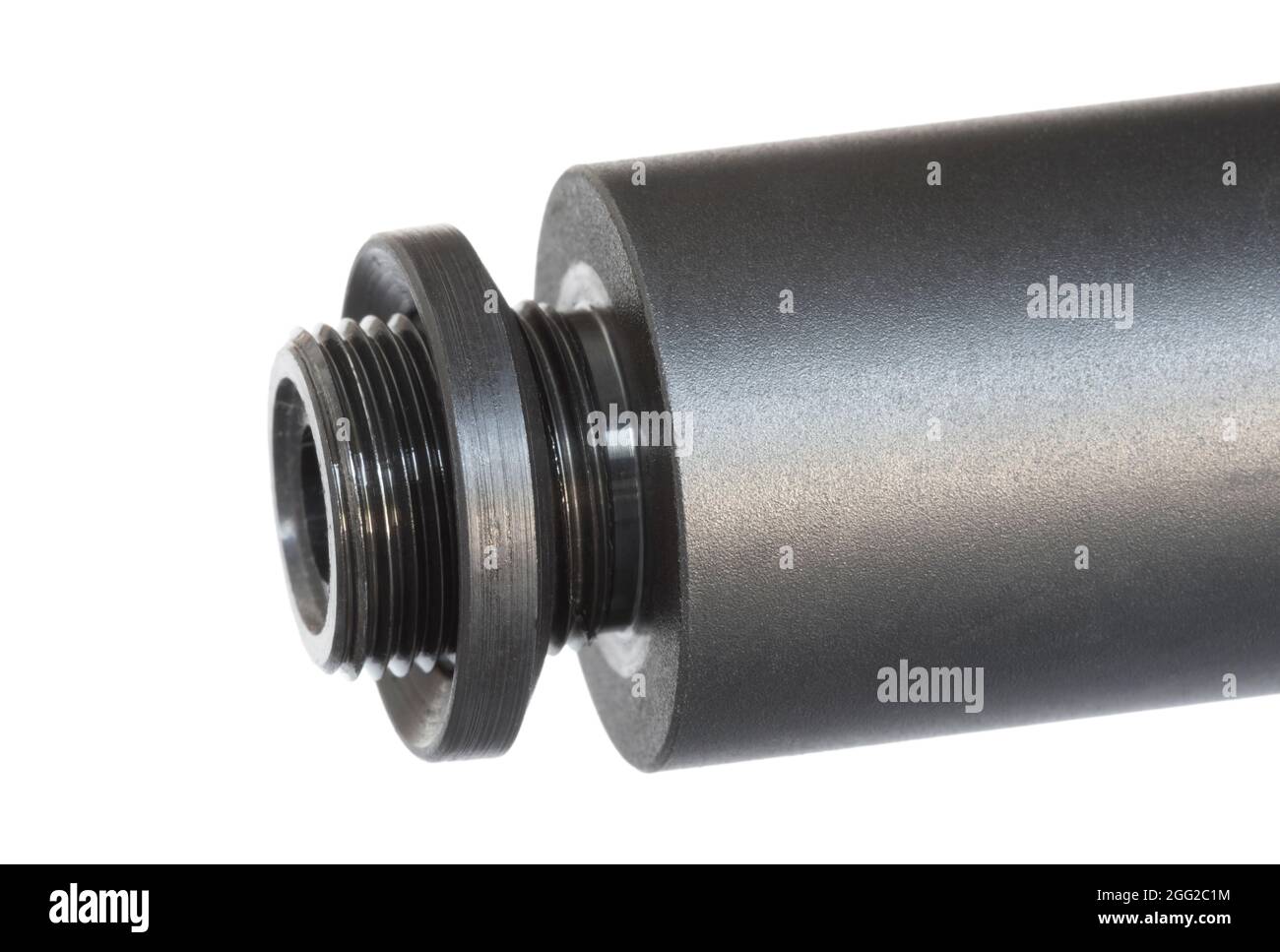 Threaded gun barrel with a crush washer going on isolated on white ...