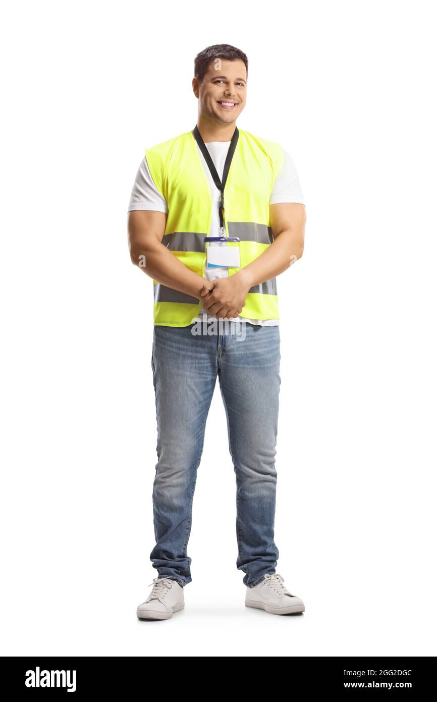 Full length portrait of a security guy in a vest smiling isolated on ...