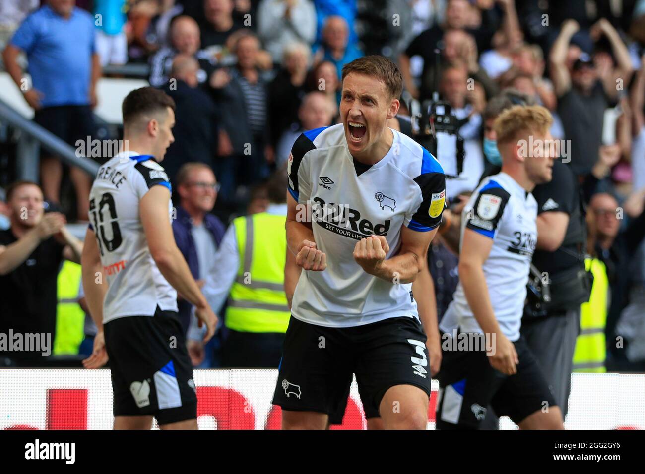 Craig Forsyth #3 of Derby County reacts after Tom Lawrence #10 of Derby ...