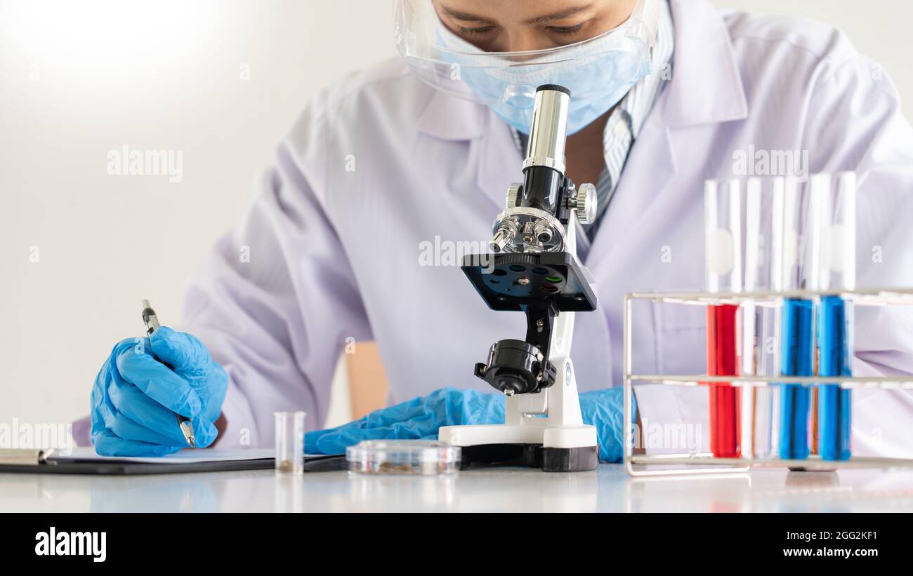Young Asian scientist Working looking through a microscope doing ...