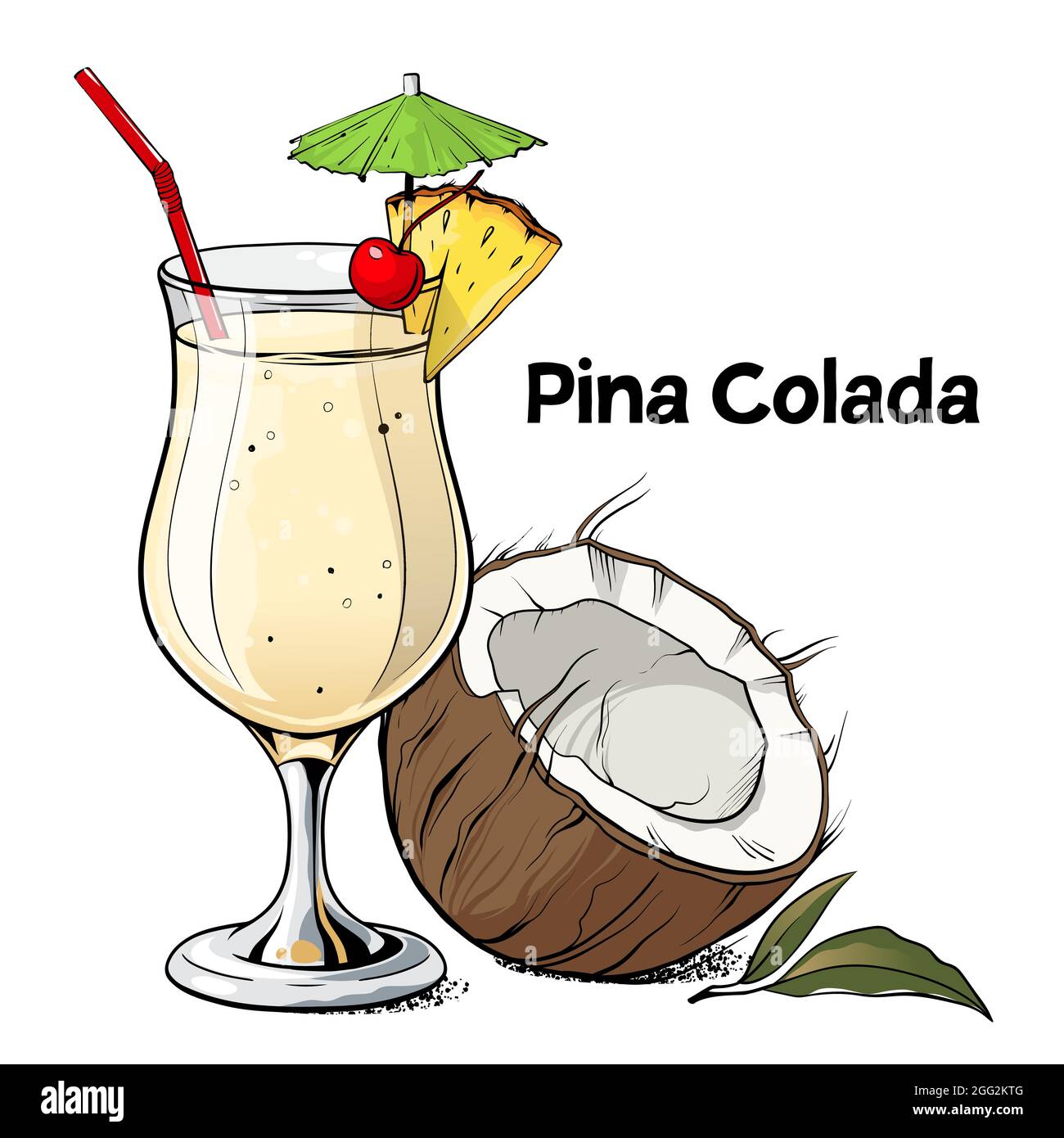 Pina Colada cocktail, hand drawn alcohol drink with coconut, pineapple ...