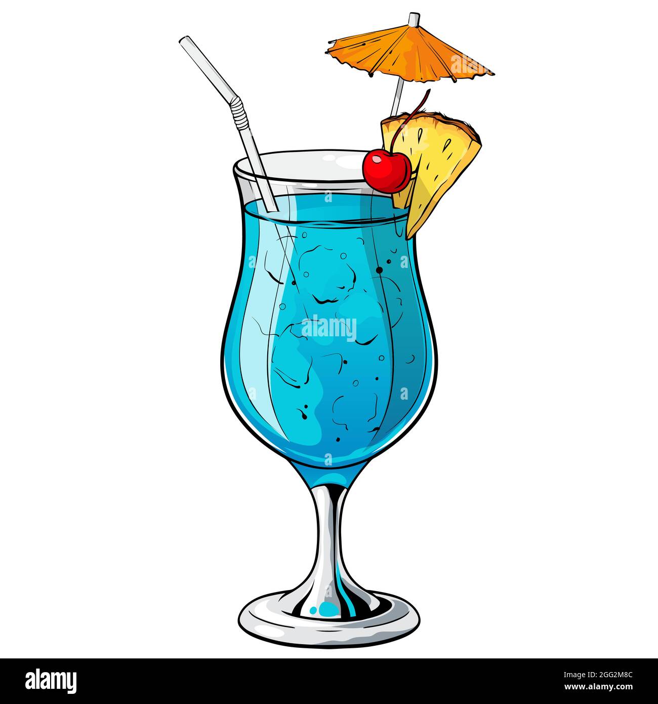 Blue lagoon cocktail, hand drawn alcohol drink with pineapple slice ...