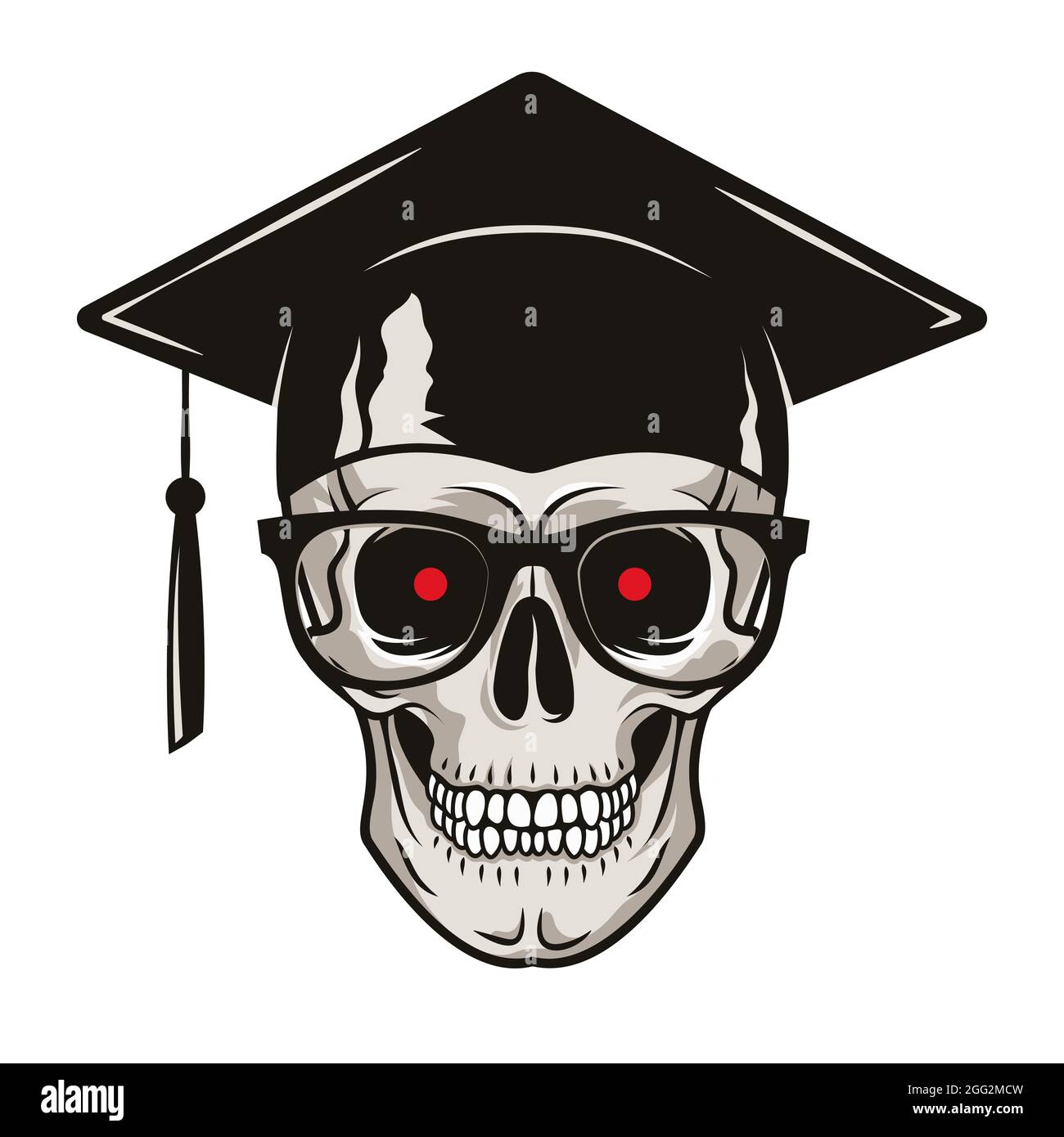 Human skull with graduate cap, glasses and red eyes isolated on white ...