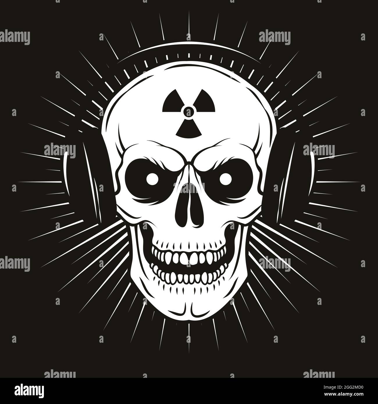 Vector grunge human skull with headphones and radiation sign Stock ...