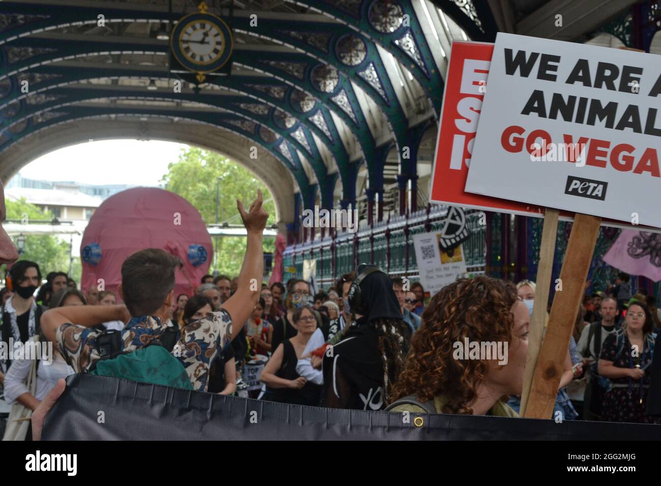 London, England. 28th August 2021. Animal Rebellion protesters at ...