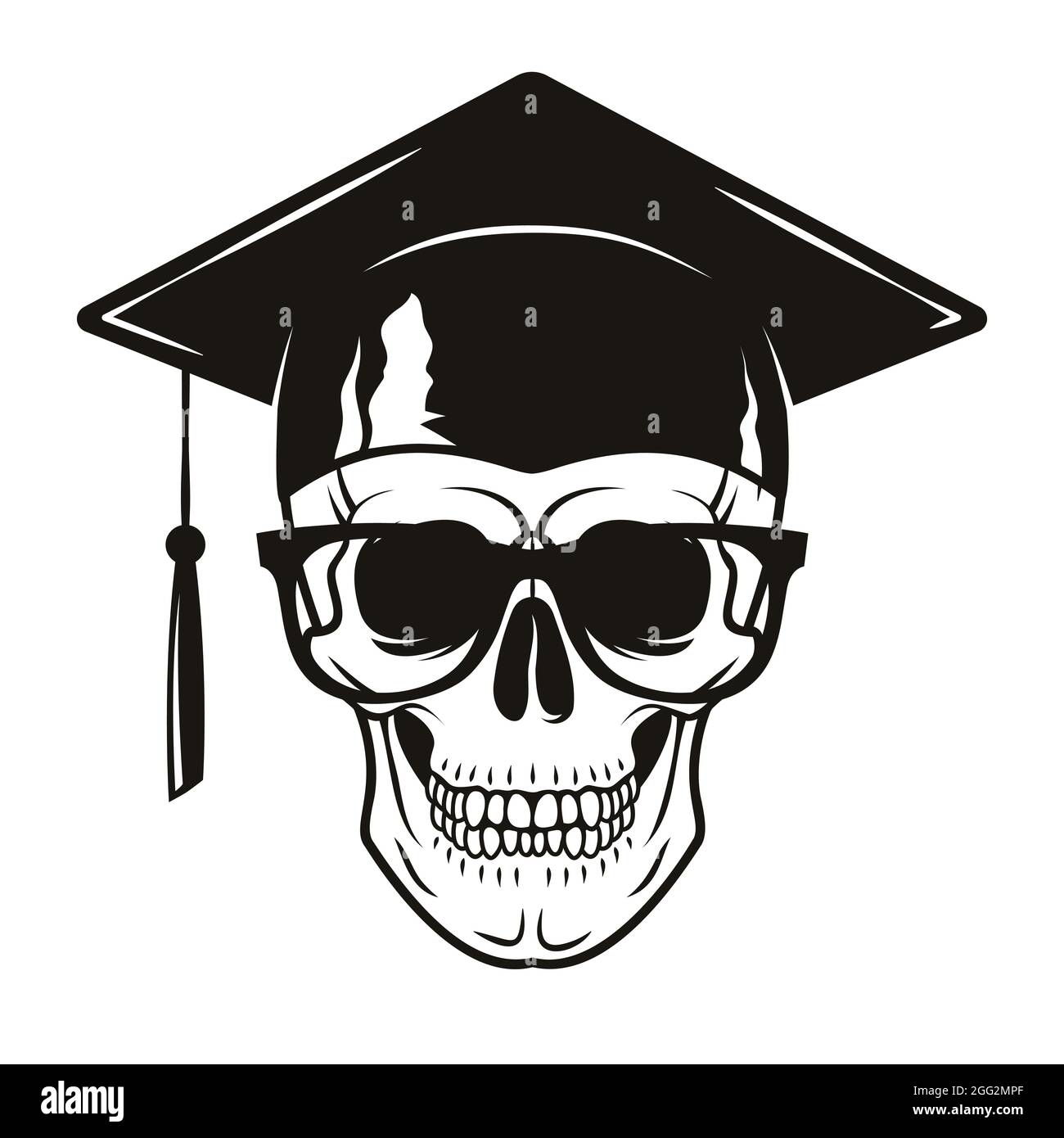 Human skull with graduate cap and glasses isolated on white background ...