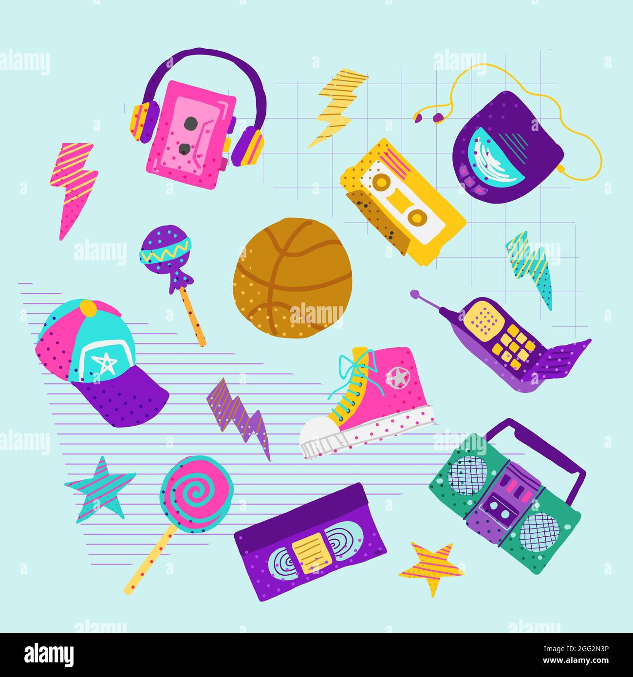 Hand drawn flat nostalgic 90s element set Vector illustration Stock ...