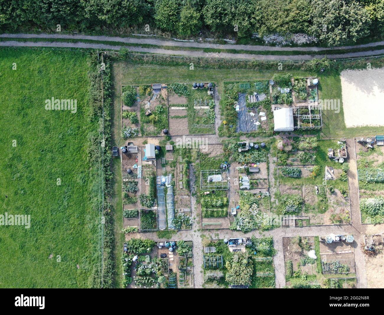An aerial view of allotments set in a rural setting Stock Photo - Alamy