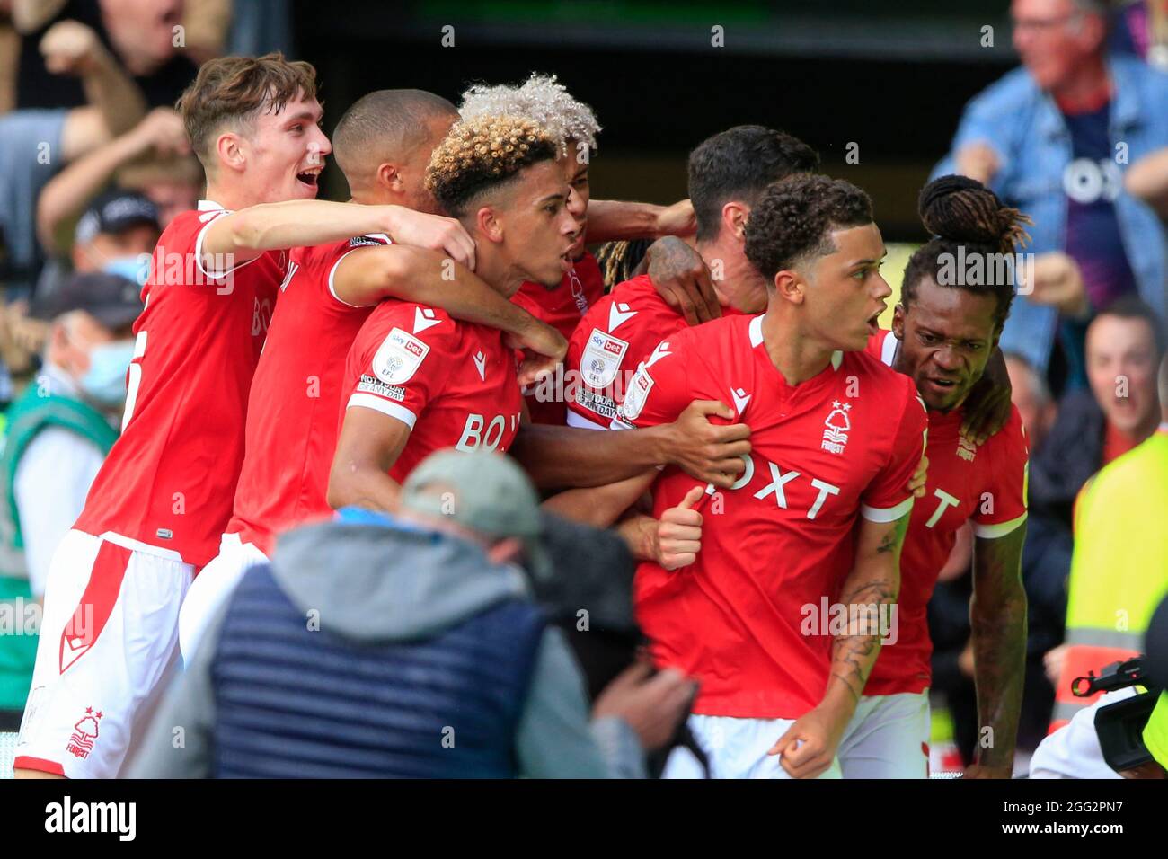 Forest players celebrate an equalising goal by Brennan Johnson #20 of ...