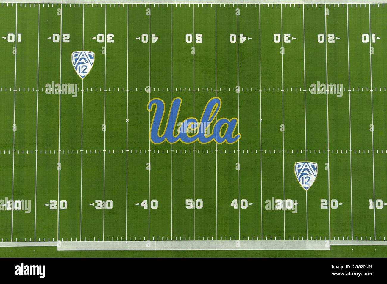 An aerial view of the UCLA Bruins logo on the Rose Bowl football field ...