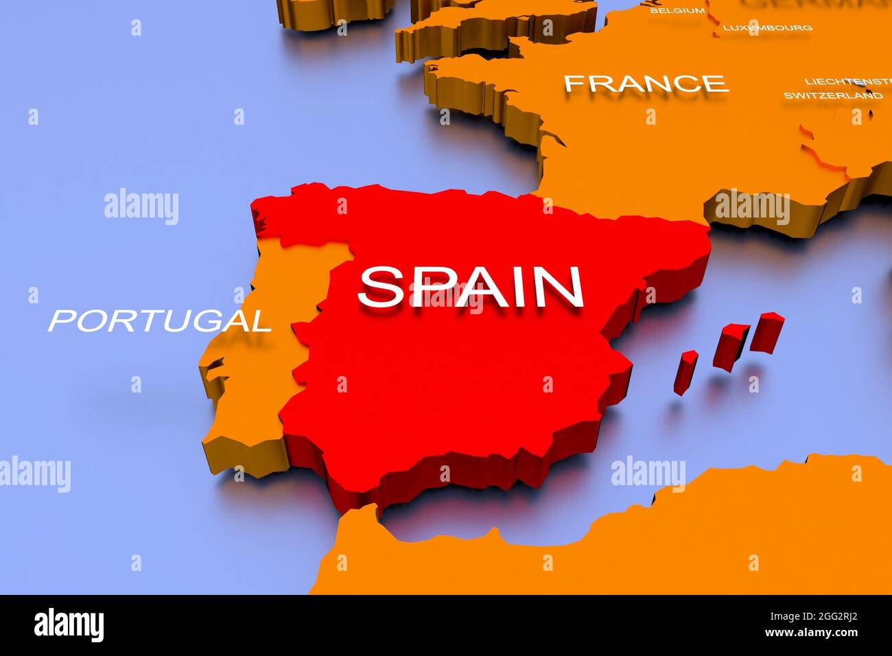 3D rendered map of the COVID-19 virus pandemic in Spain, Europe in red ...