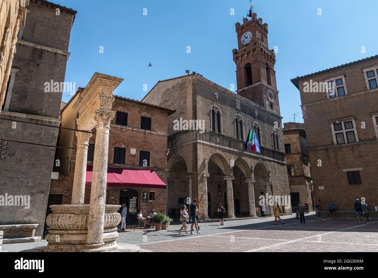 The piazza the town of Pienza in Tuscany, Italy. A popular tourist ...