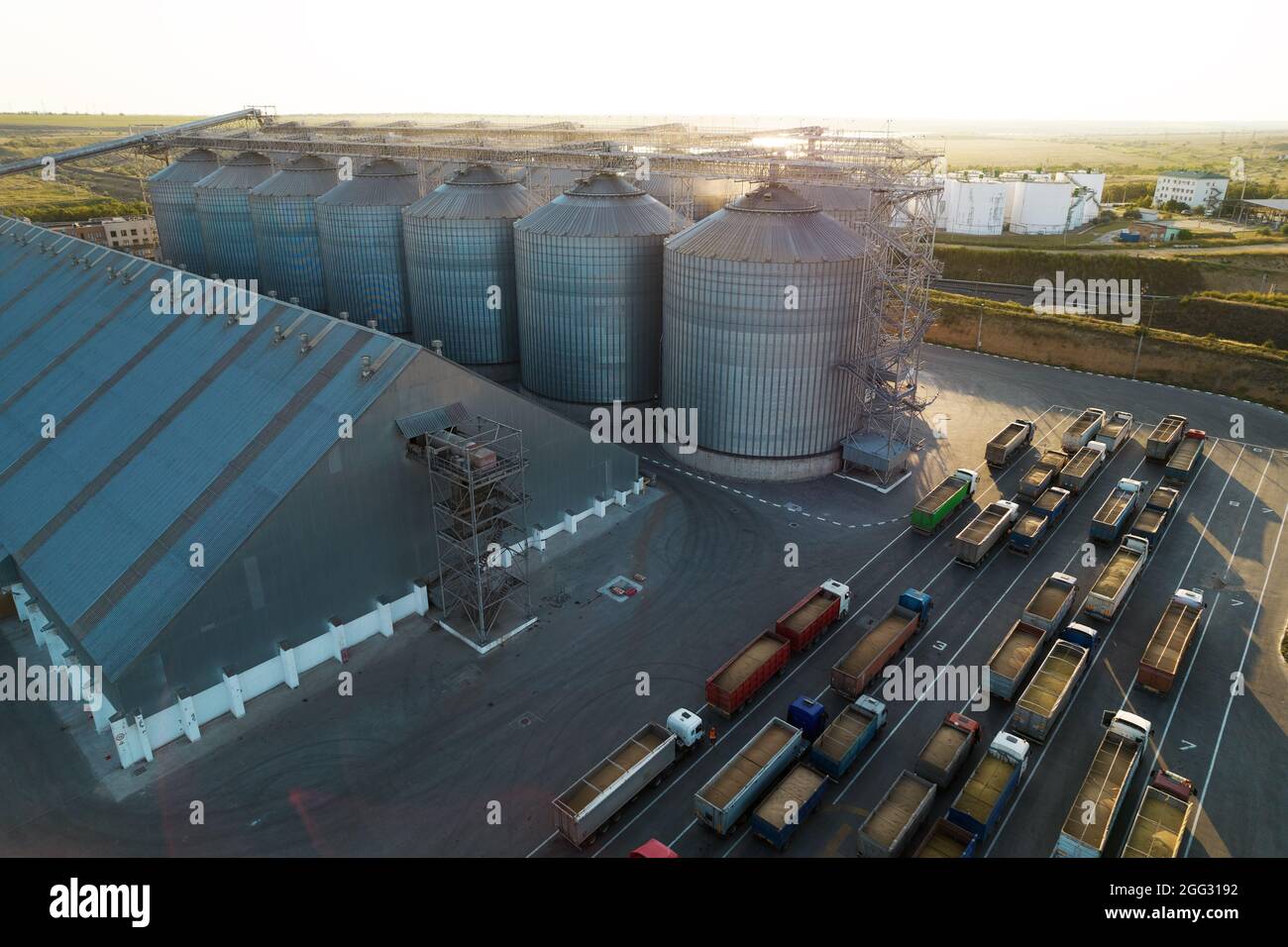 Grain terminals of modern sea commercial port. Silos for storing grain ...
